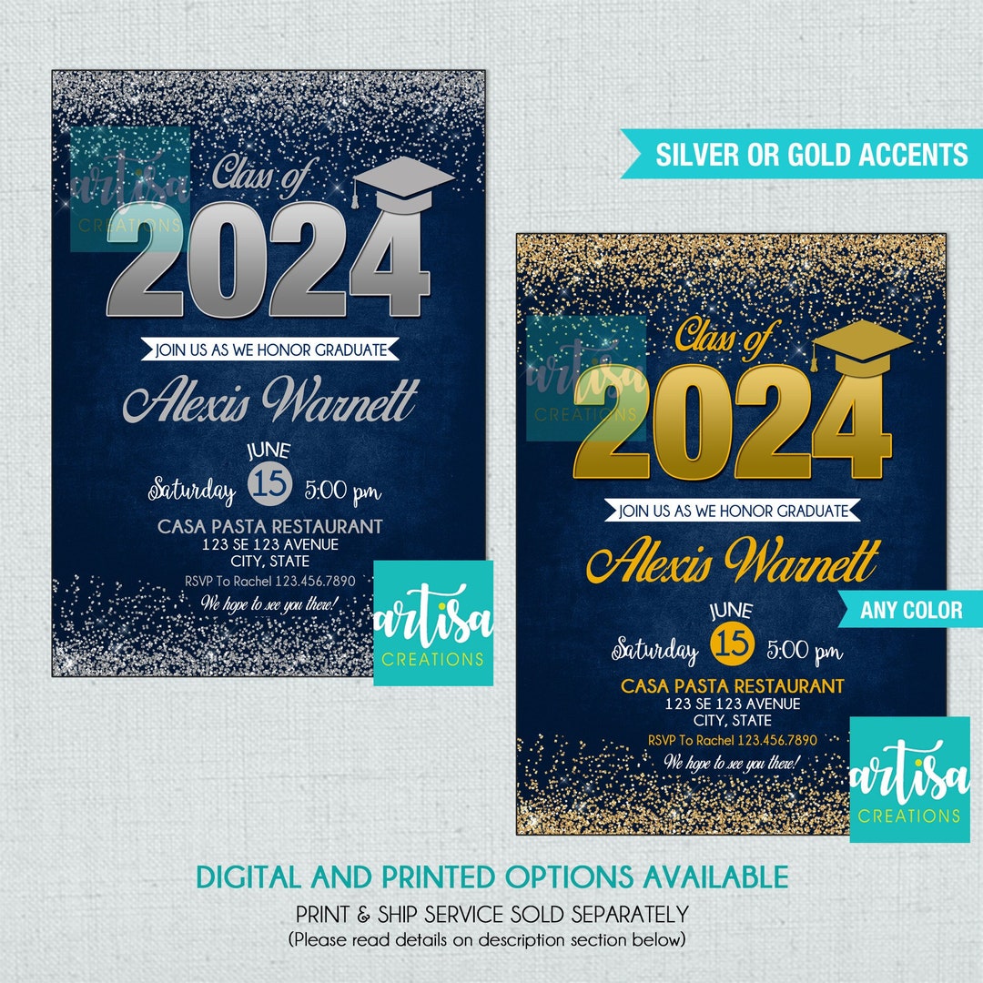 Navy and Gold Graduation Invitation, Navy Blue Graduation Invitation ...