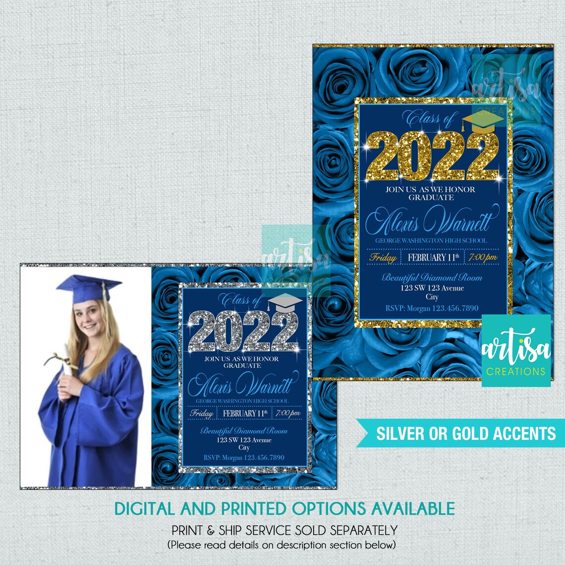 Blue Graduation Invitation Blue Gold Graduation Invitation - Etsy
