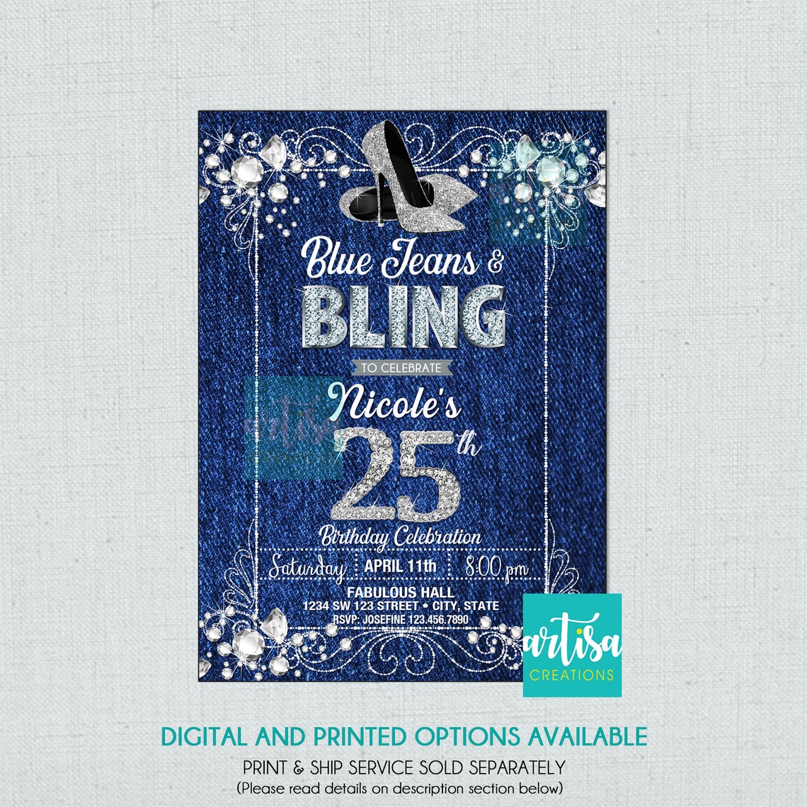 Blue Jeans and Bling Invitation Blue Jeans and Bling Birthday - Etsy
