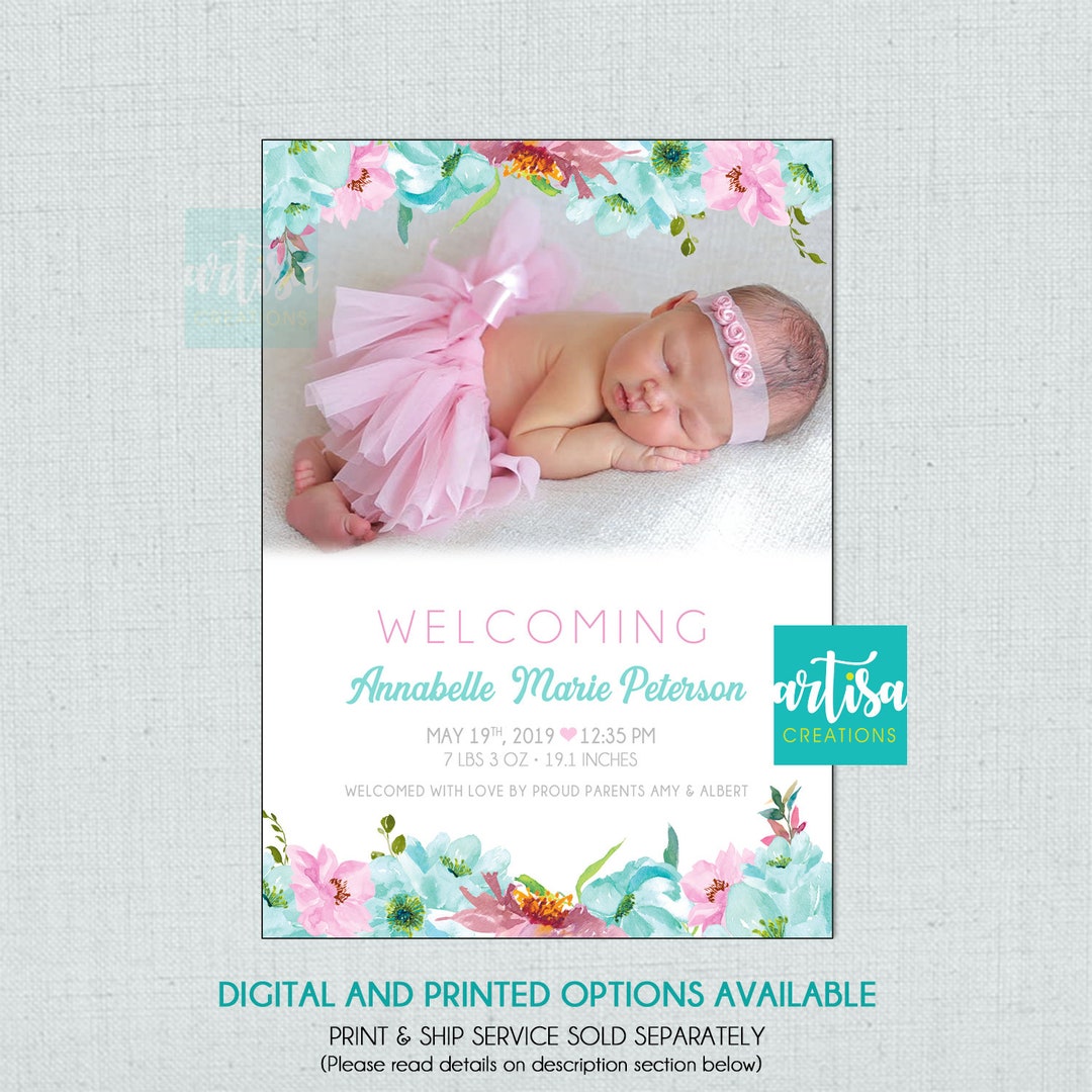 Welcome Baby Girl Birth Announcement, Girl Baby Announcement, Pink Teal ...