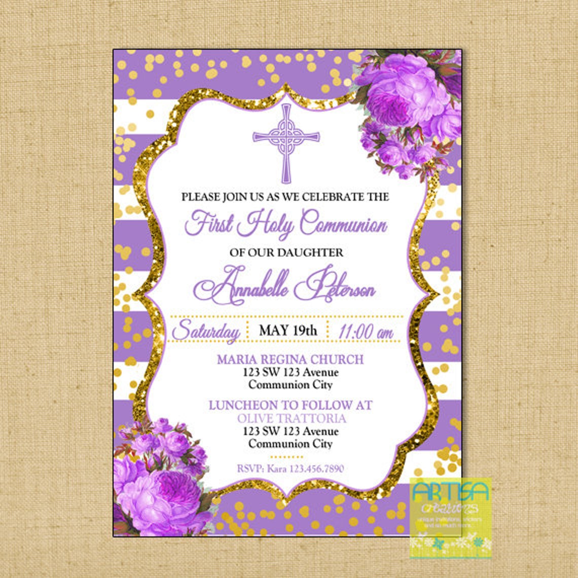 Girl First Communion Invitation lavender Communion | Etsy