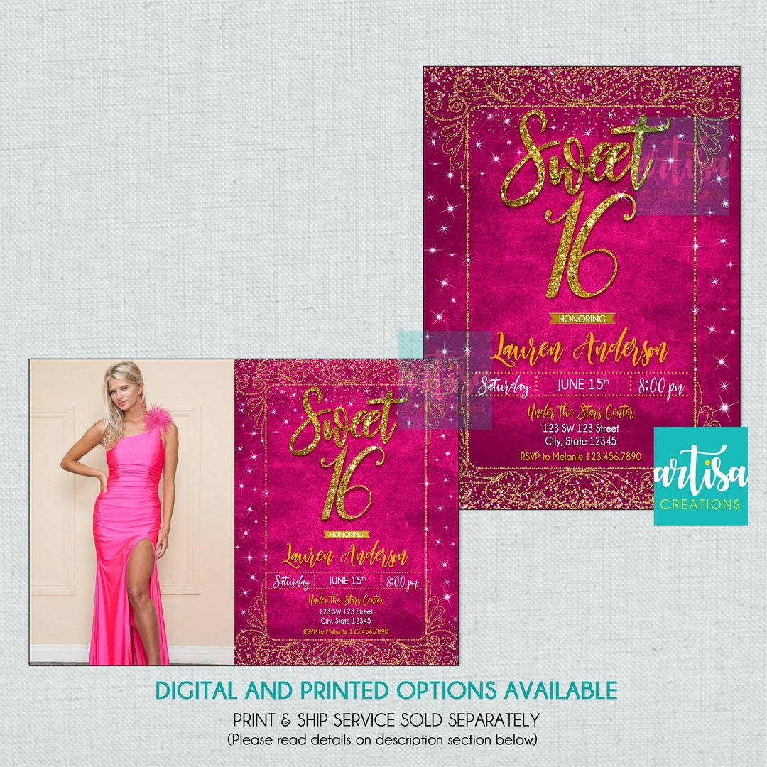 Hot Pink Sweet 16 Invitation, Pink Gold Sweet 16 Invitation, Pink Gold ...