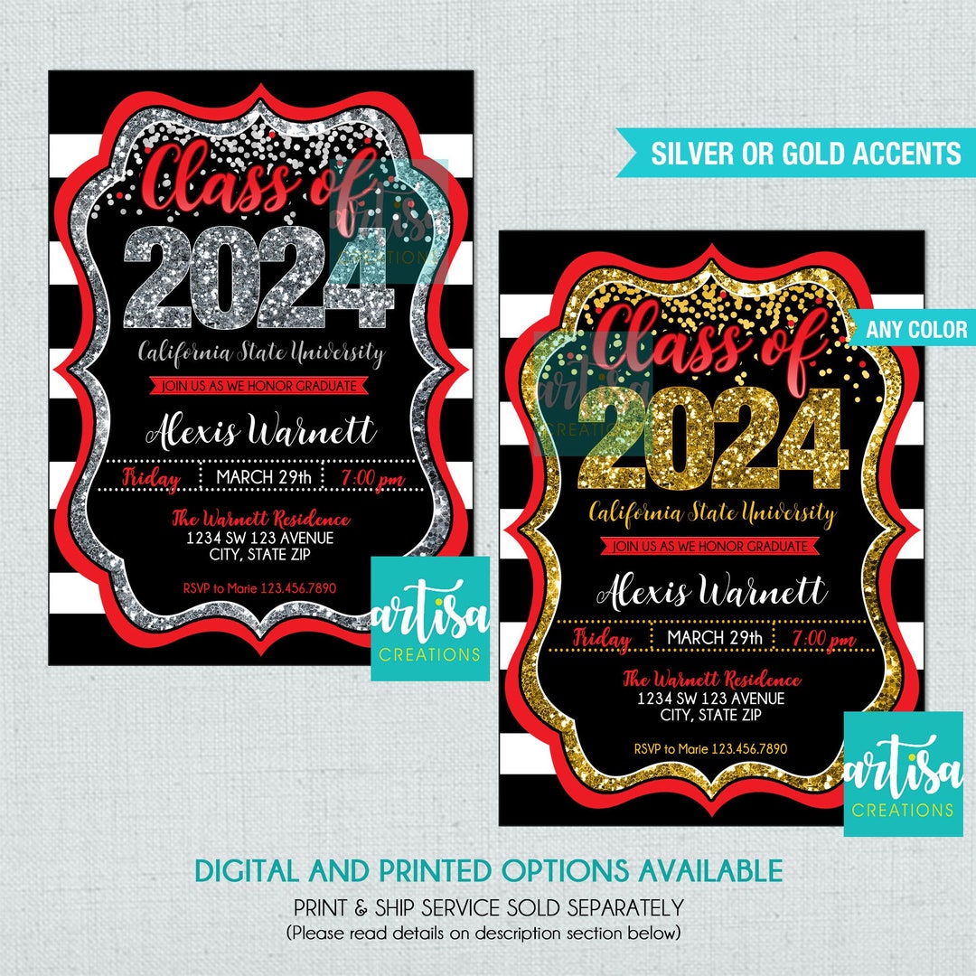 Red Graduation Invitations, Red Gold Graduation Invitations, Red Silver ...