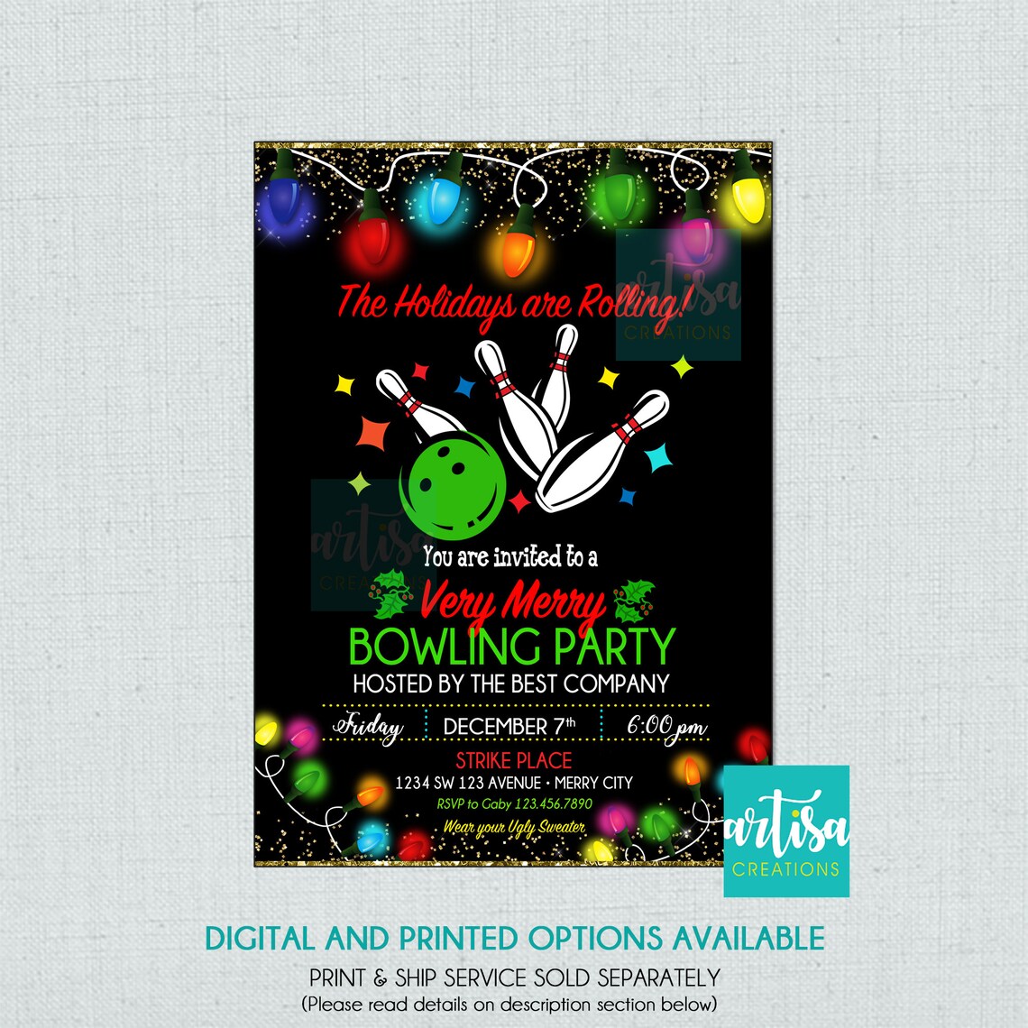 Christmas Bowling Party Invitation, Adult Holiday Invite, Bowling ...