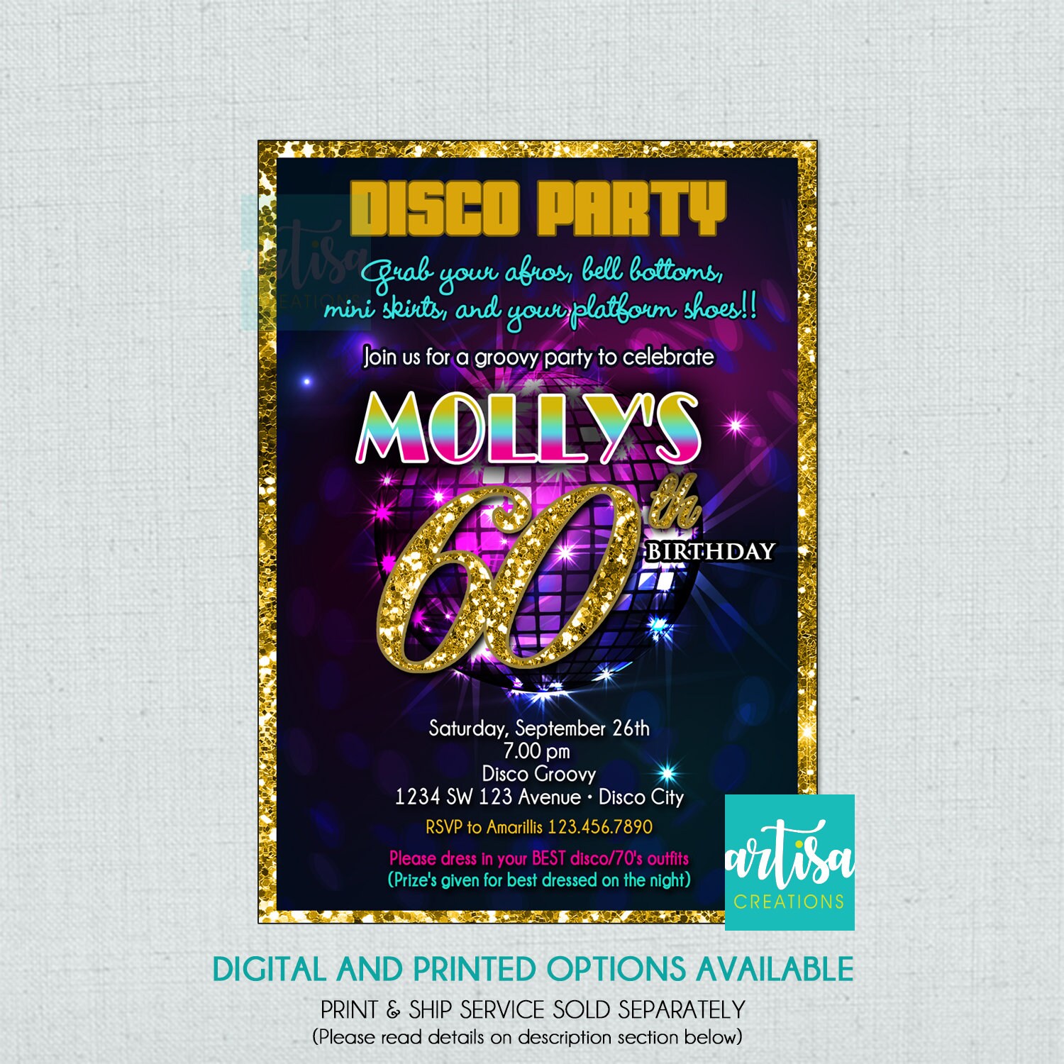 Disco Party Birthday Invitation - 20th, 30th, 40th, 50th, 60th, 70th ...