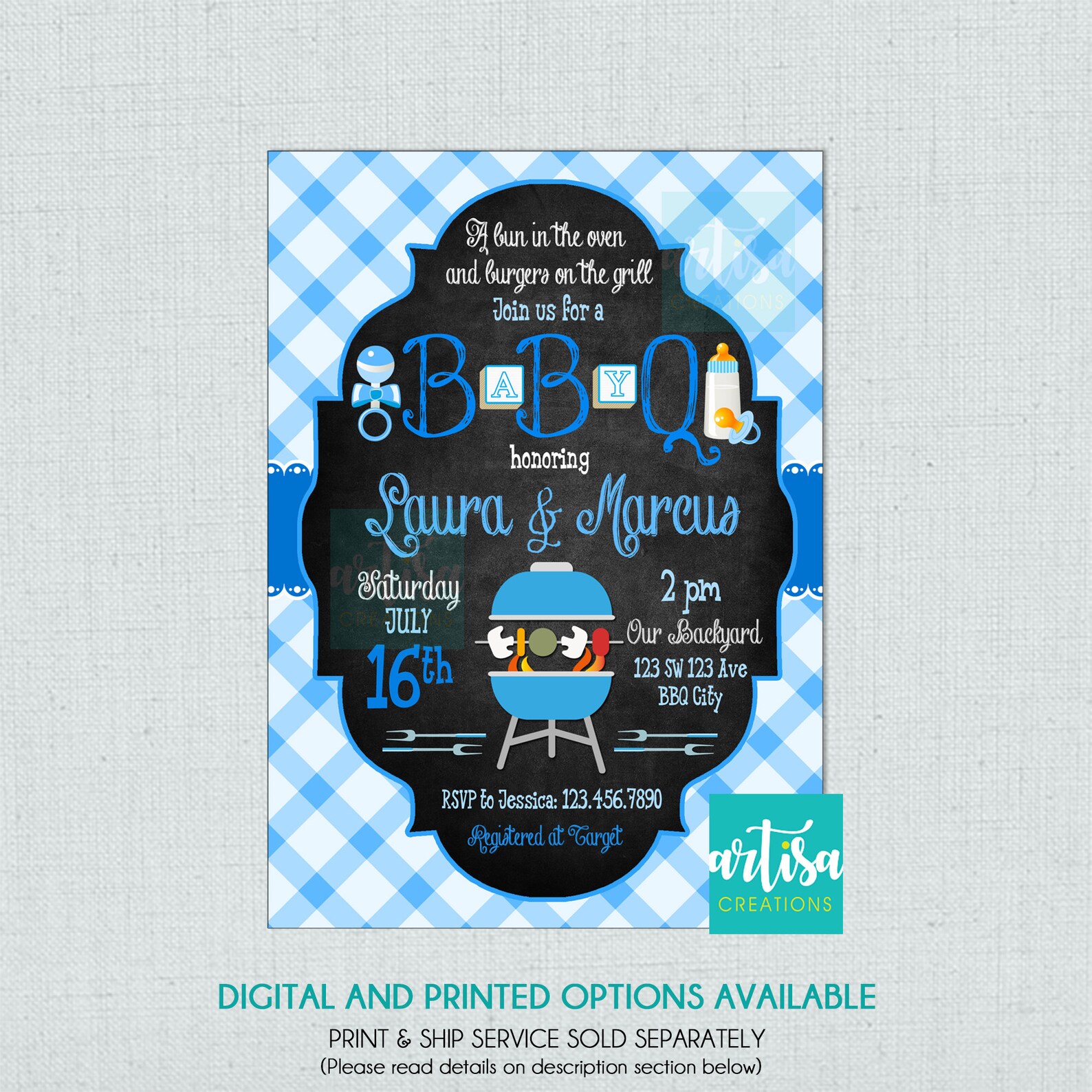 BABYQ Invitation, BBQ Shower Invitation, Blue BBQ Baby Shower ...