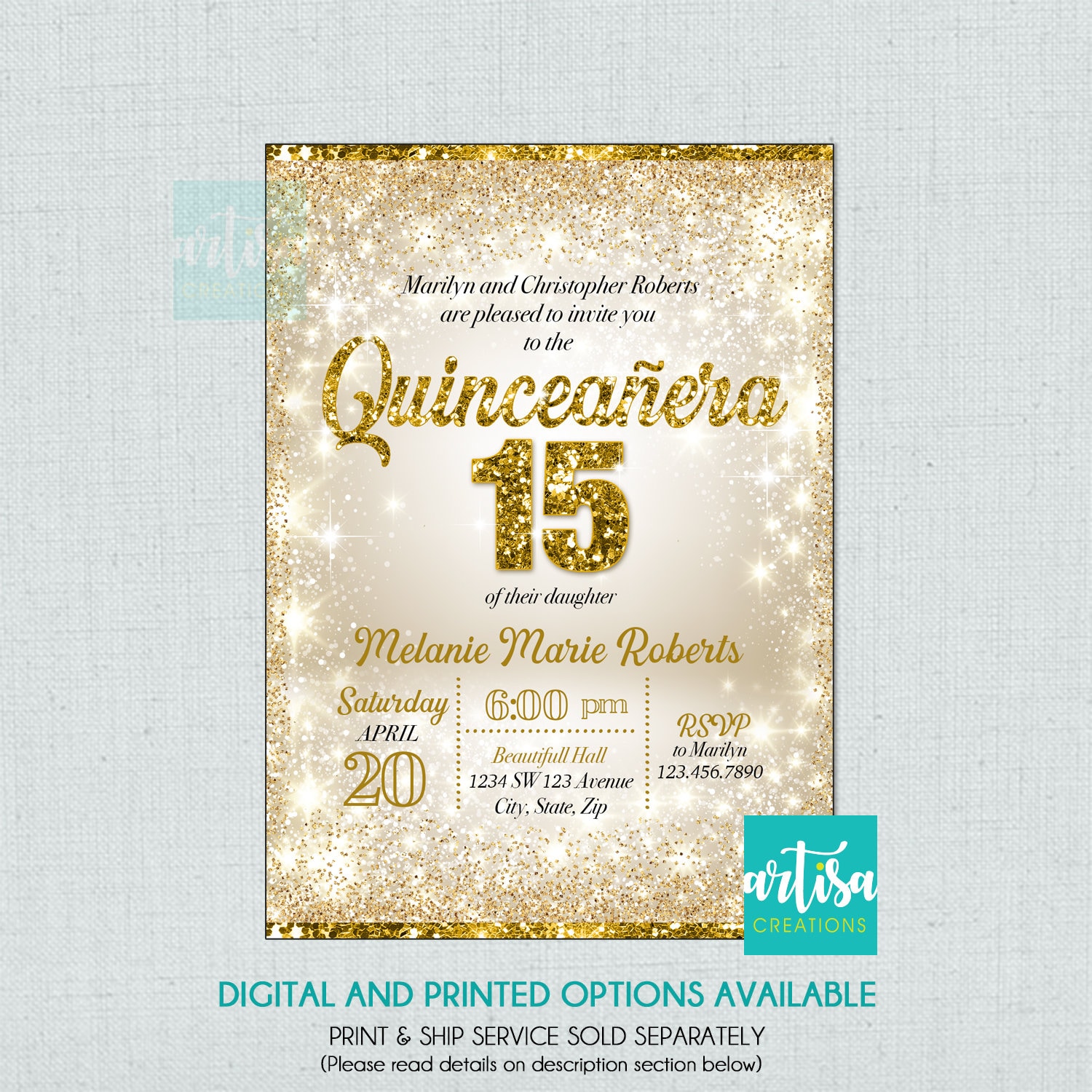 Gold Quinceanera Invitation, Gold Glitter Quinceanera Invitation, Gold ...