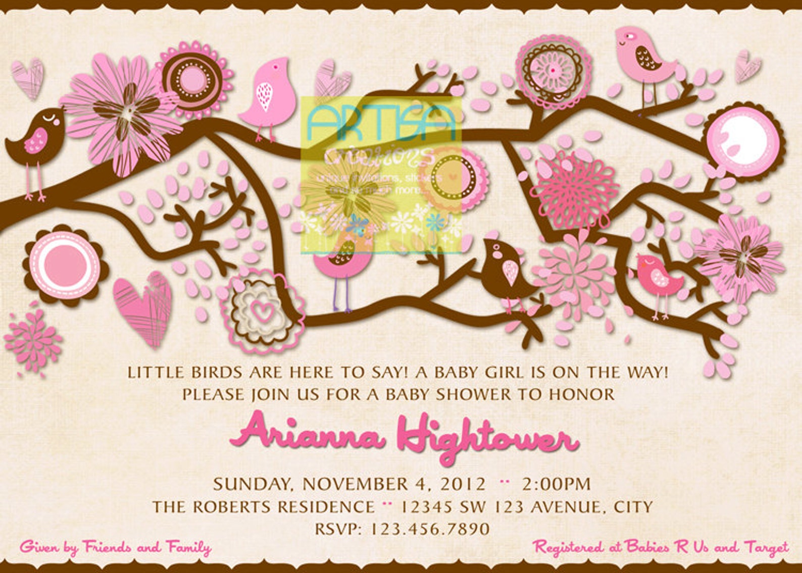 Birds Baby Shower Invitation Pink and Brown Baby Shower - Etsy