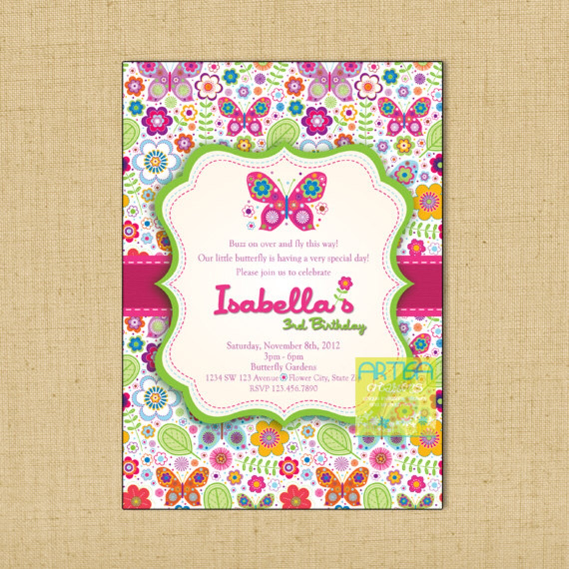 Butterfly Invitation, Butterflies and Flowers Birthday Invitation ...