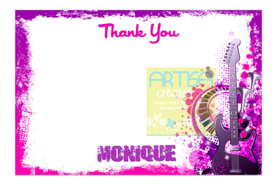 Rock Star Thank You Card - Rock Girl Thank You Cards - Guitar and Piano ...