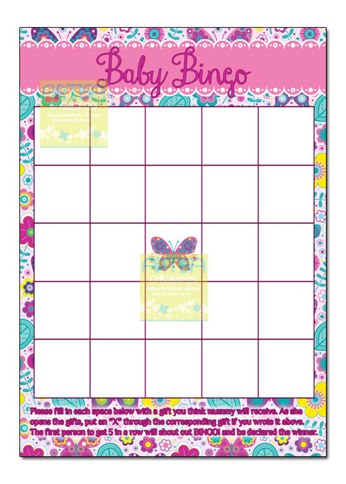 Butterfly and Flowers Bingo Card, Butterfly Garden Baby Bingo ...