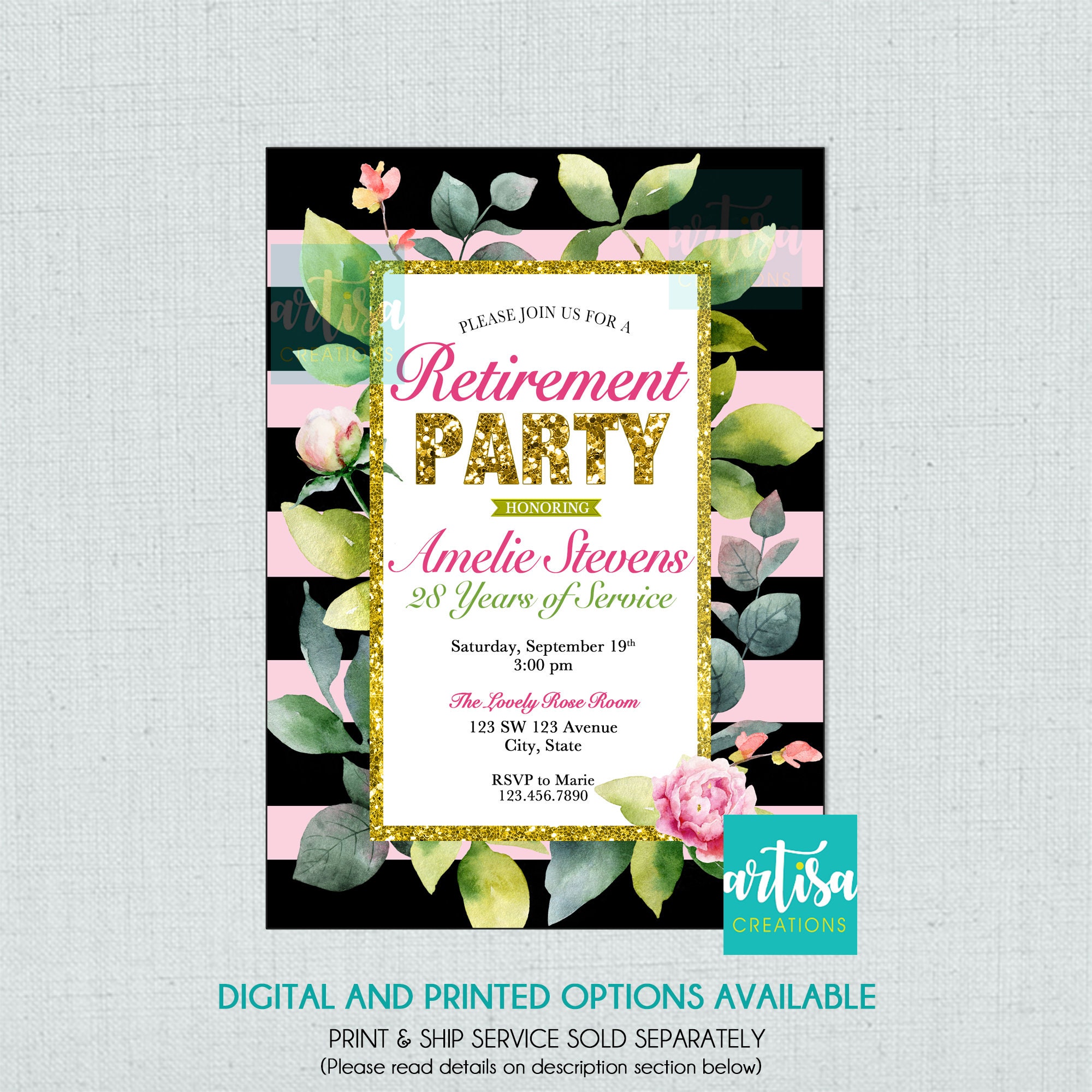 Retirement Invitation, Pink Black Retirement Invitation, Woman ...