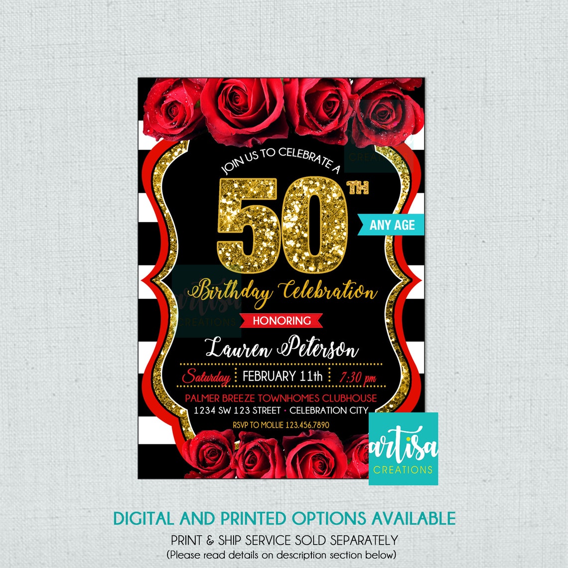 50th Birthday Invitation, Red Roses 50th Birthday Invitation, Roses ...