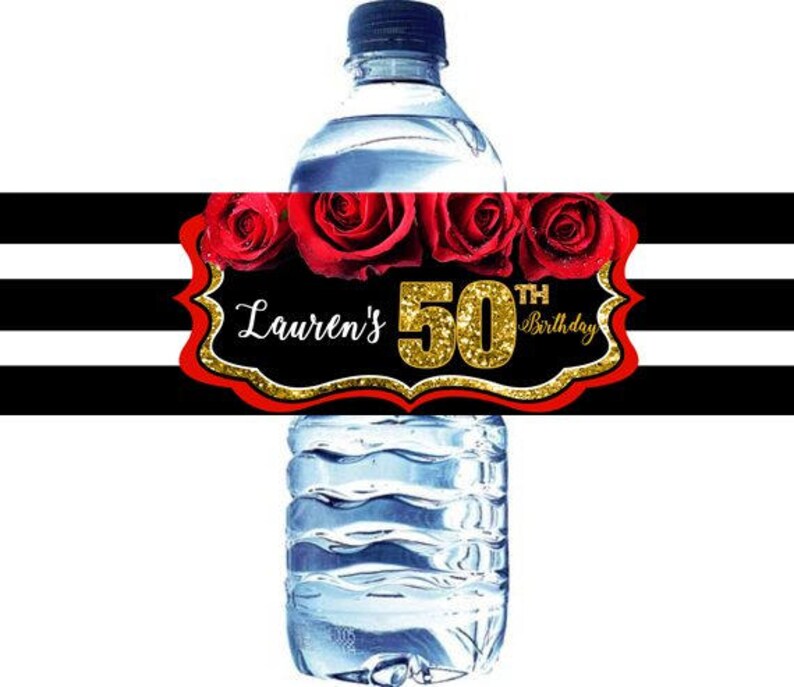Red Roses Water Bottle Label Digital File, 50 60 70 80 Birthday Red ...