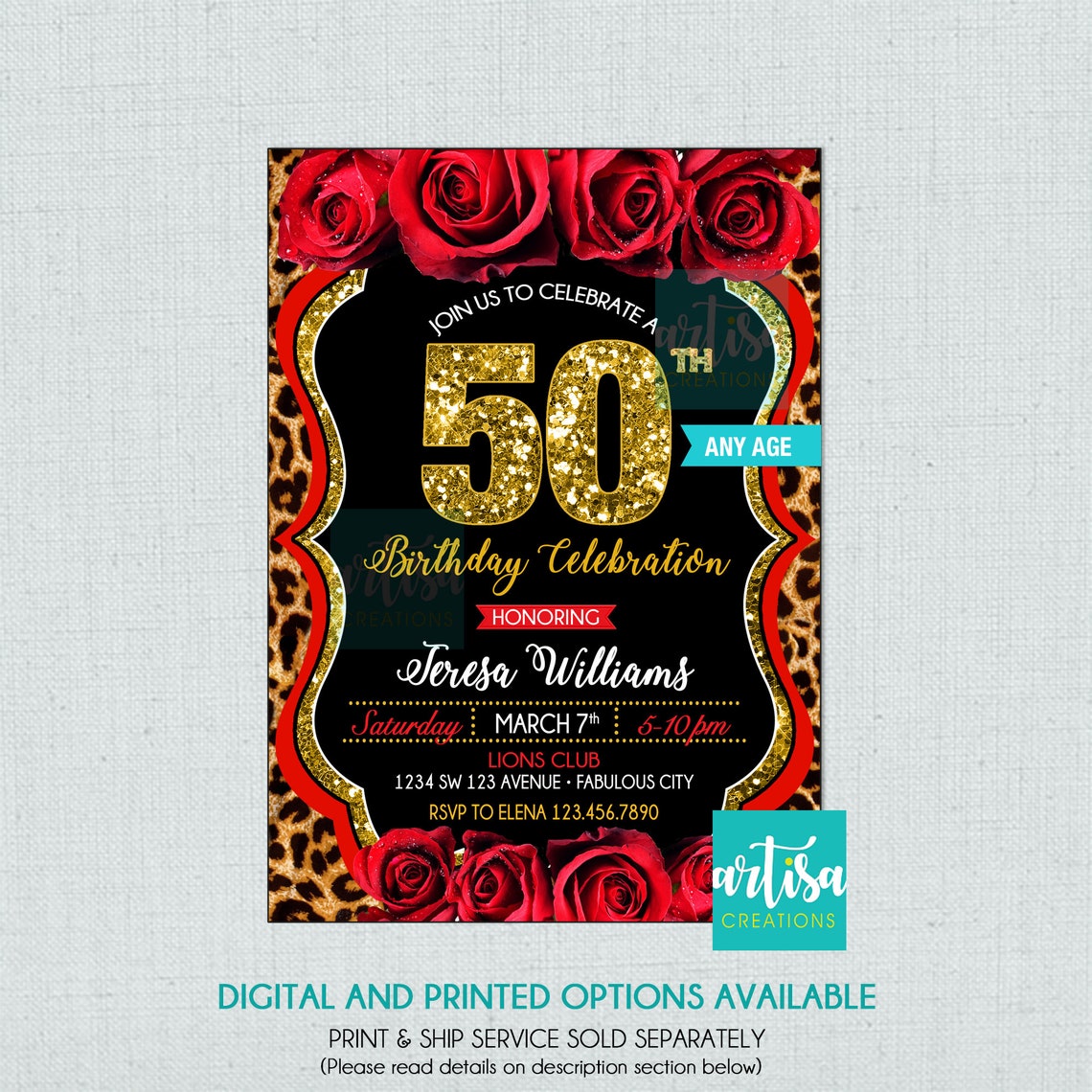 Cheetah Print 50th Birthday Invitation, Cheetah Print and Red Roses ...