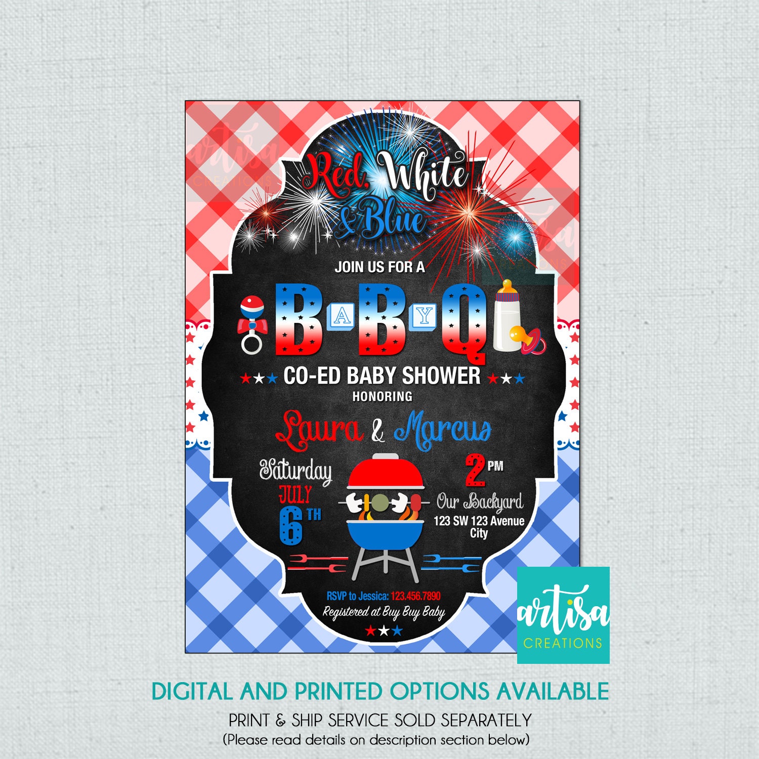4th of July Babyq Invitation, Red White and Blue Baby Q Co-ed Baby ...