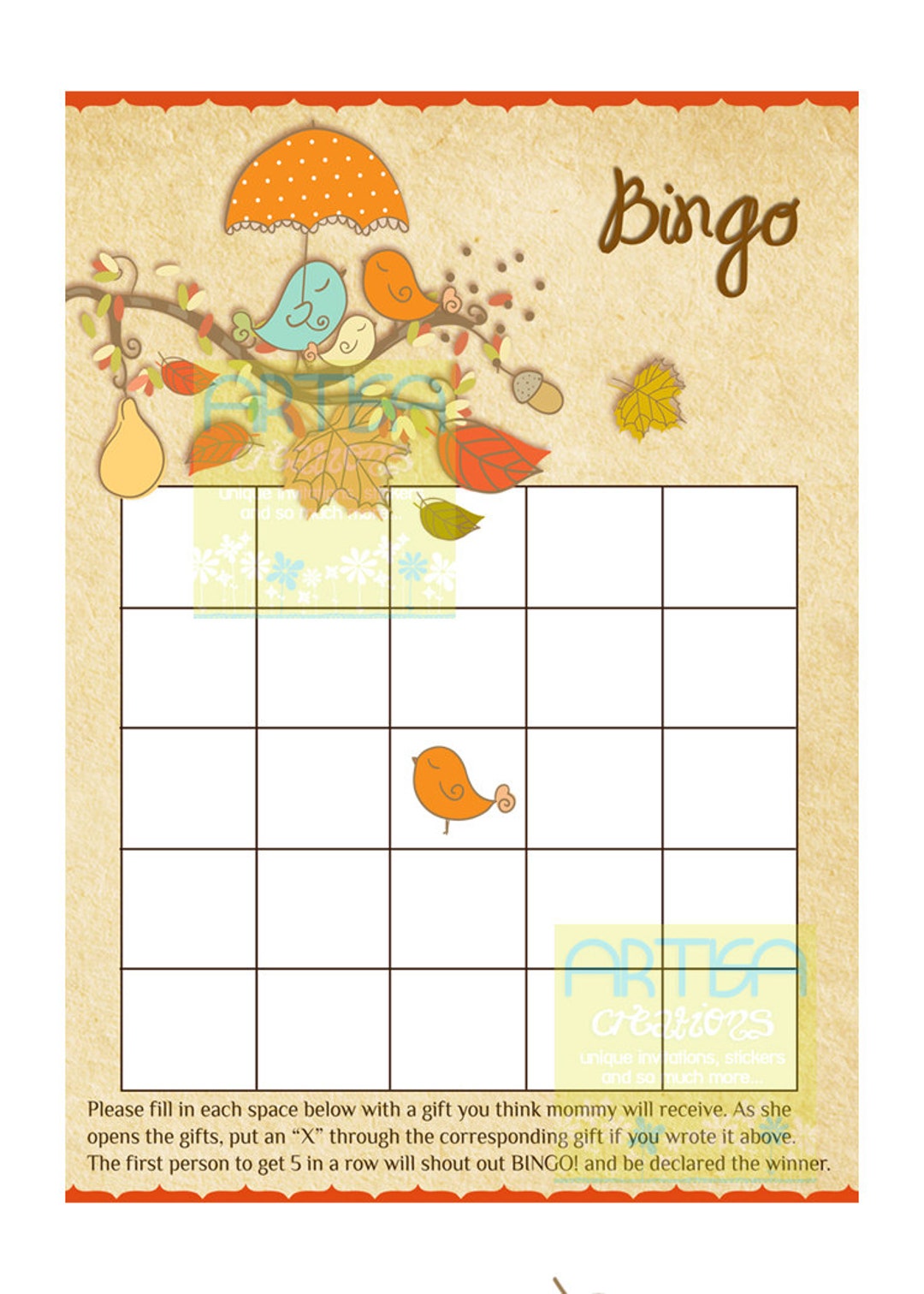 Fall Birds Baby Shower Bingo - Autumn Birds Baby Bingo - Fall Family ...