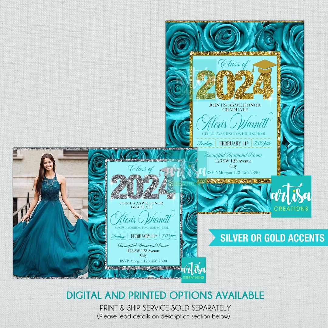 Teal Graduation Invitation, Teal Gold Graduation Invitation, Teal ...