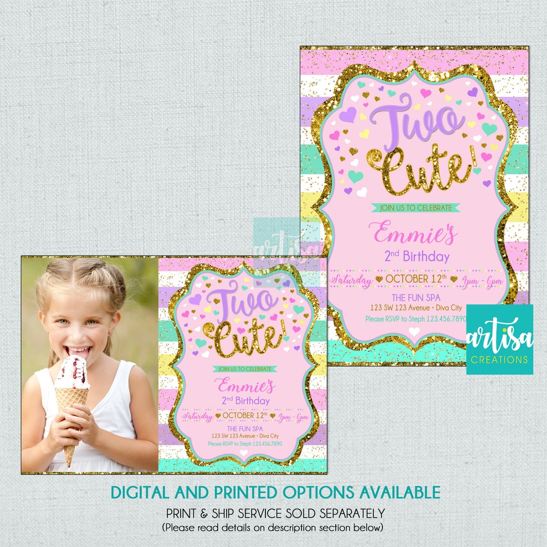 Two Cute Invitation, 2nd Birthday Invitation, Pastel Two Cute Birthday ...