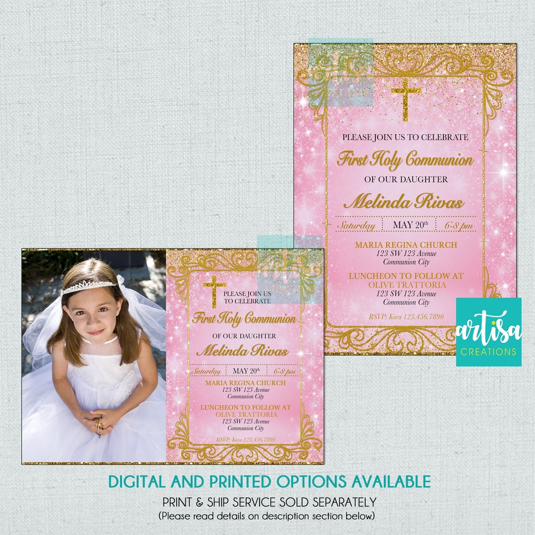Pink Gold Girl First Communion Invitation, Communion Invitations, Gold ...