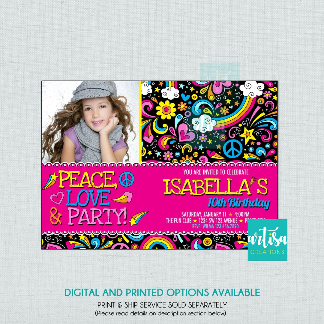 Peace & Love Birthday Invitation Printable File, Peace, Rainbow, Love ...