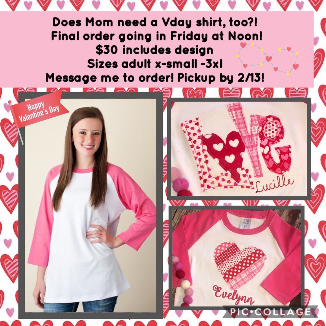 2024 Adult Hot Pink Raglan Love Fabric Valentine Applique Shirts by ...