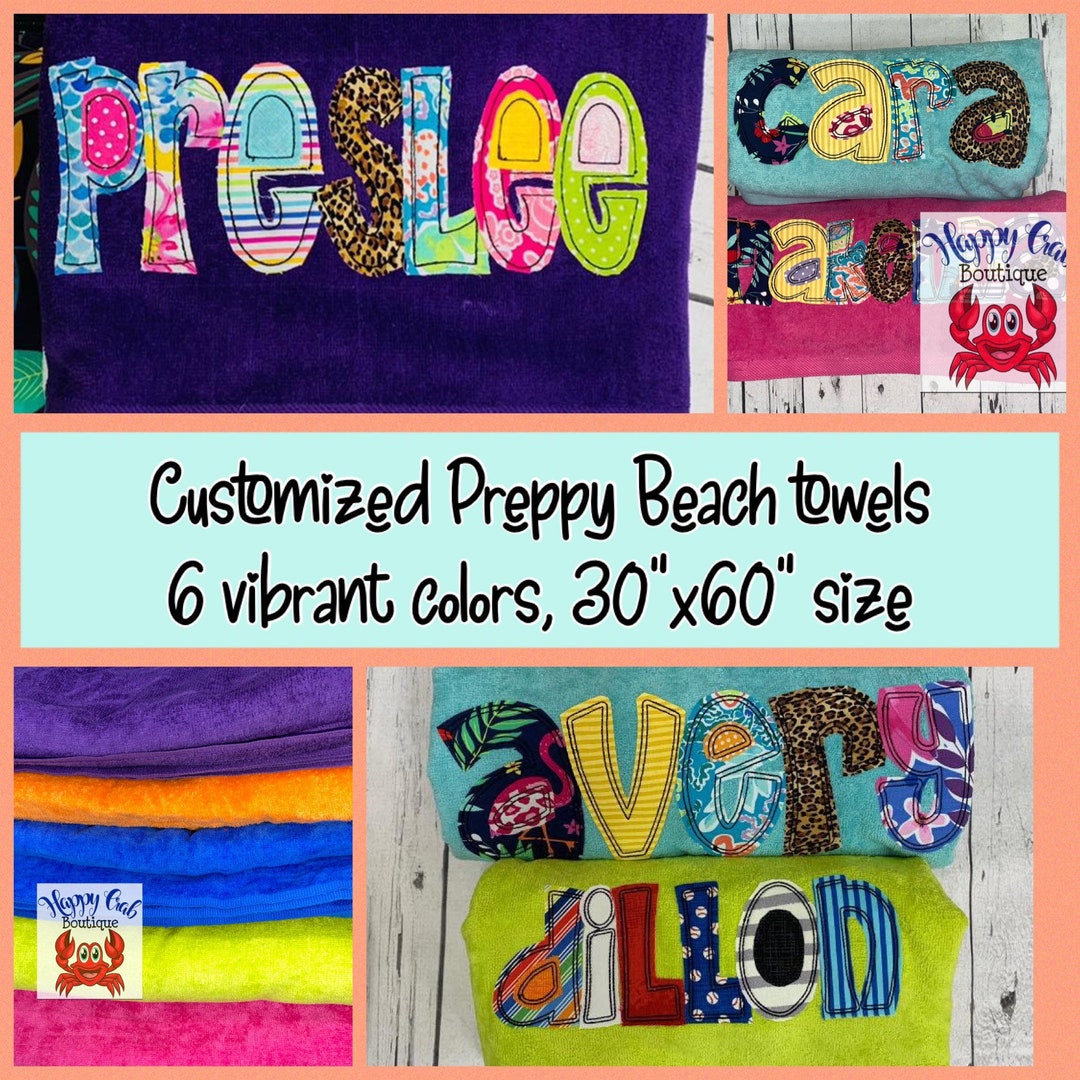 Preppy Beach Towels With Applique Name in Dot, Stripe, Glitter Fabric ...