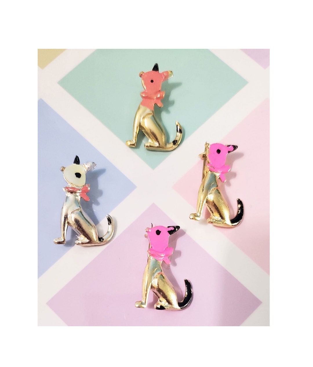 1960s Cat Metal Pins, 4 Pc. Vintage Toys, Pink Enameled MOP Cats Pin Jewelry Lot, Stamped Hong ...