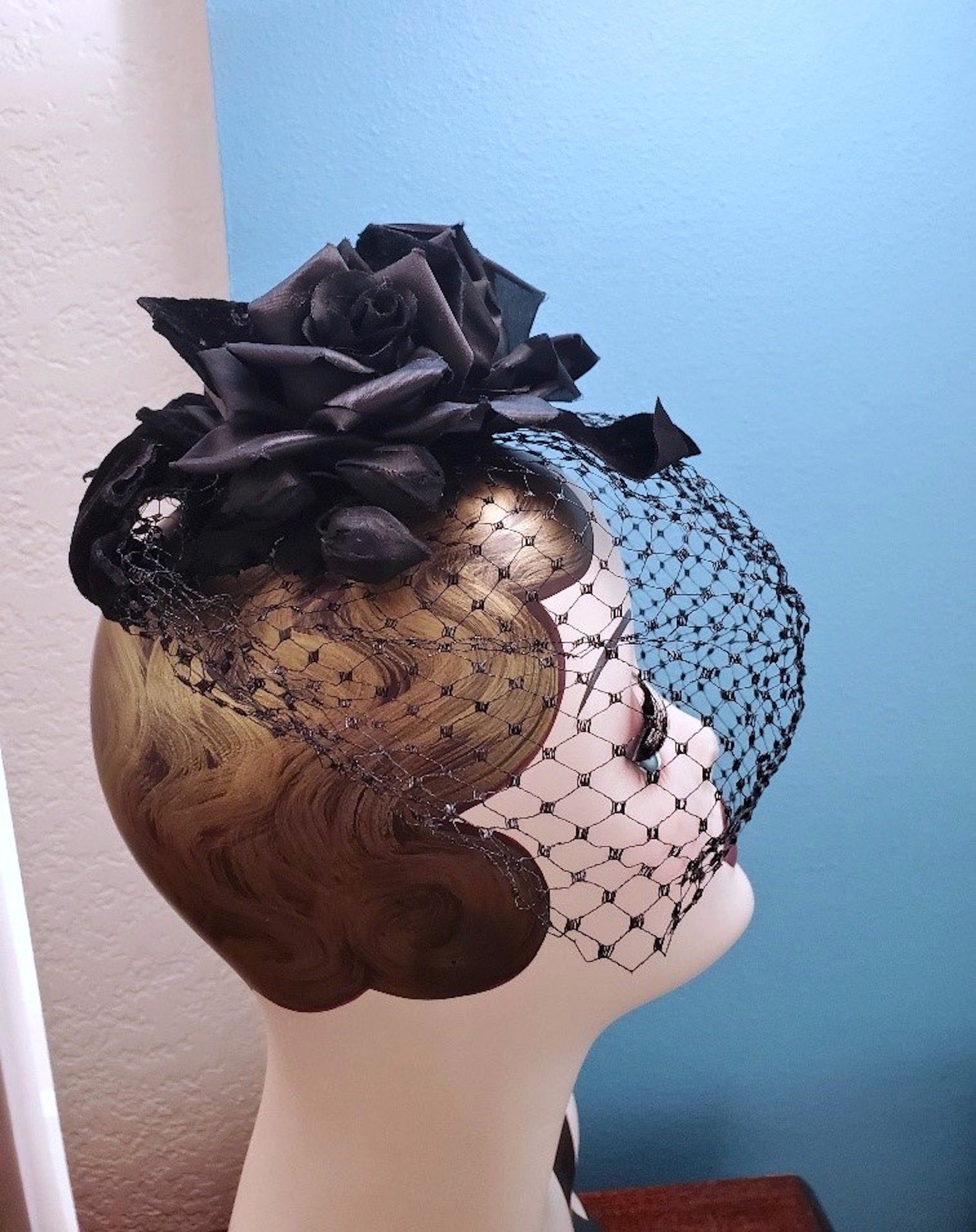 Jet Black Rose Netted Topper Vintage 1950s Floral Net Half - Etsy