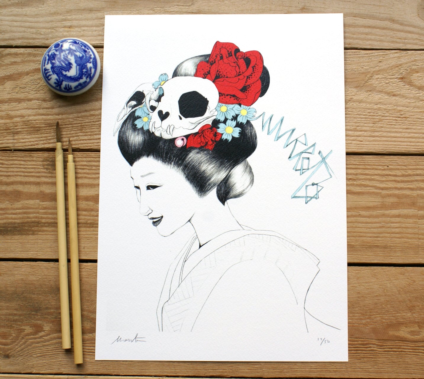 Buy ART Prints//special Sale //three Illustration//tiger Geisha-bird ...
