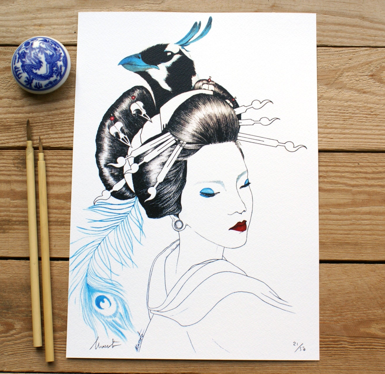 Buy ART Prints//special Sale //three Illustration//tiger Geisha-bird ...