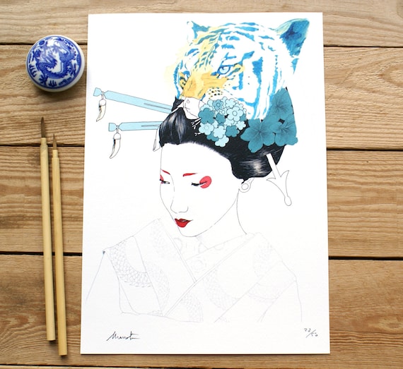 ART Prints//tiger Geisha// Illustration | Etsy