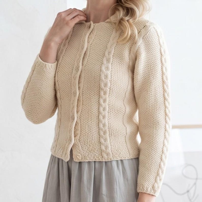 Women's Cable Knit Cardigan Pattern, Textured Button Front Sweater ...