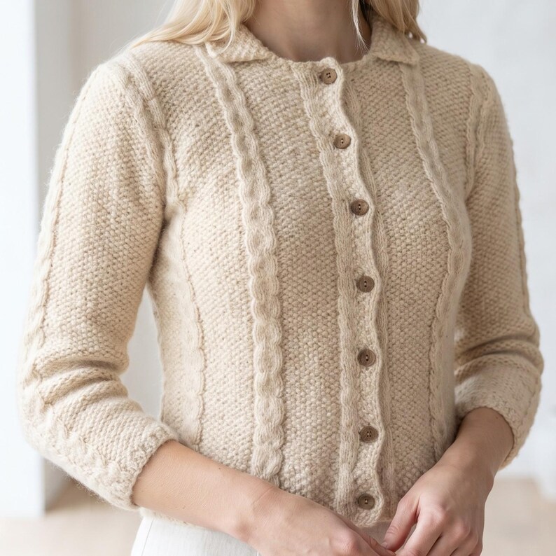 Women's Cable Knit Cardigan Pattern, Textured Button Front Sweater ...