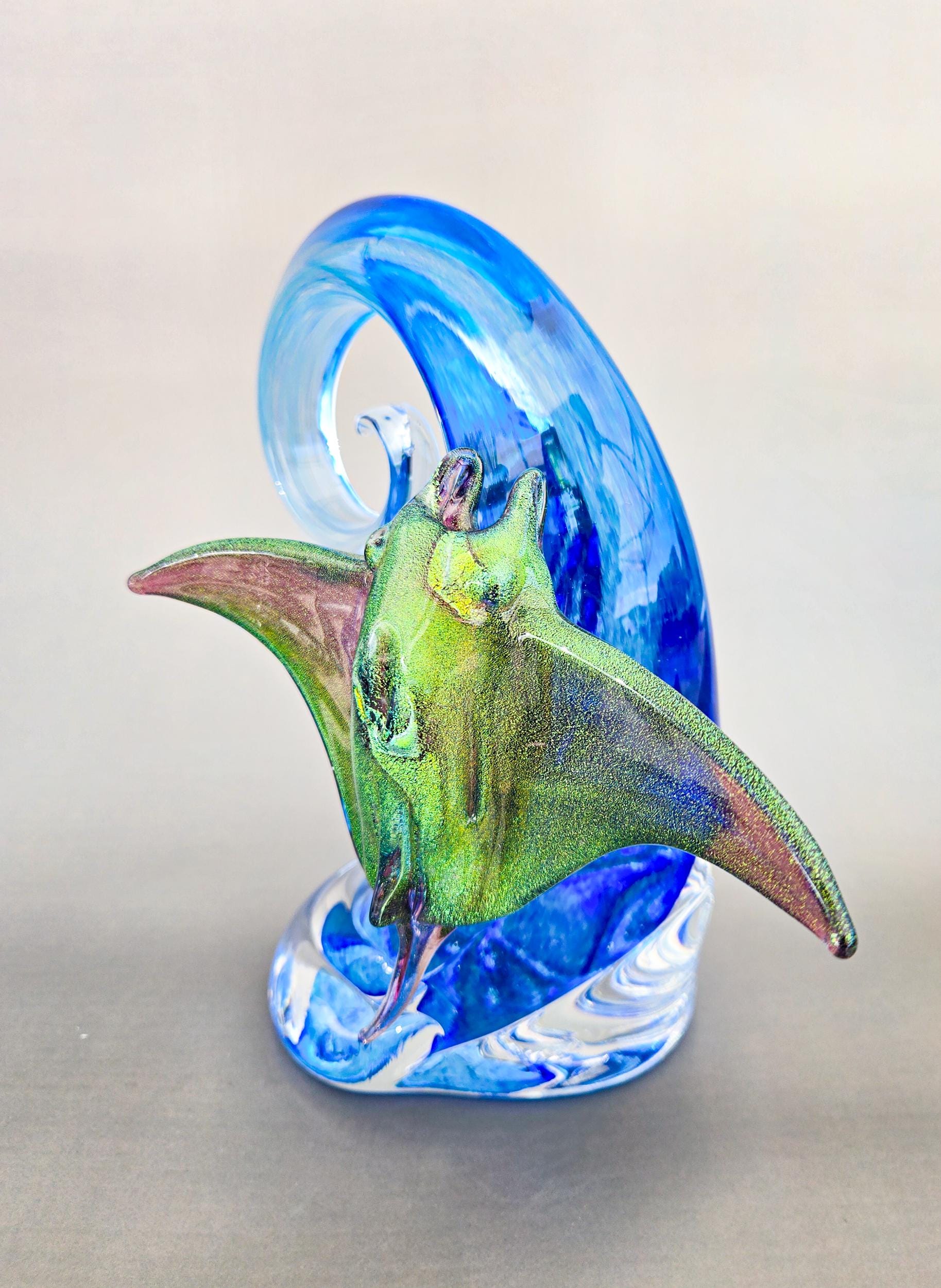 Handblown Glass Sculpture – Twin Manta Rays With Ocean Wave Base - Etsy