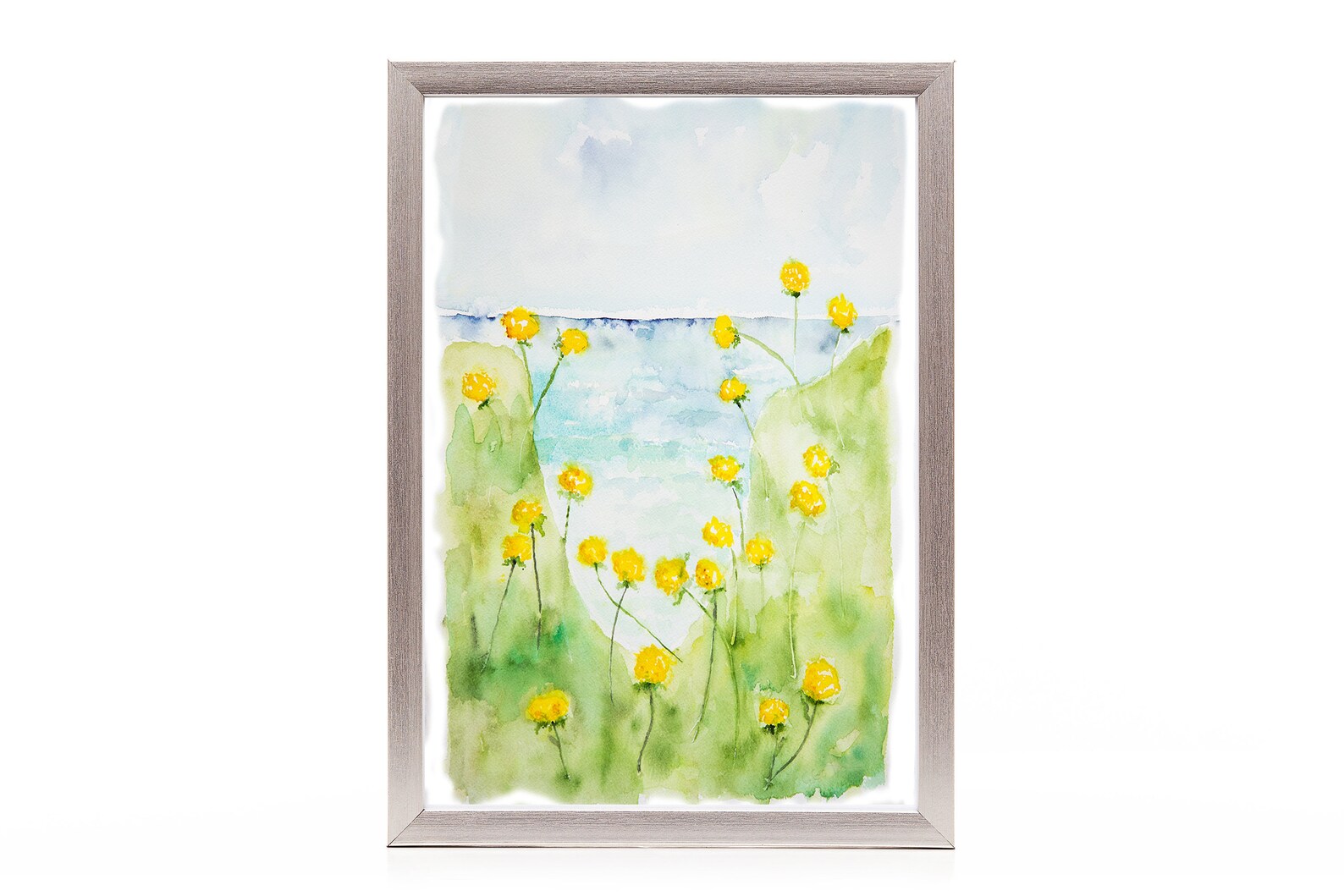 Watercolor Beach Print With Yellow Bachelor Buttons Flowers | Etsy