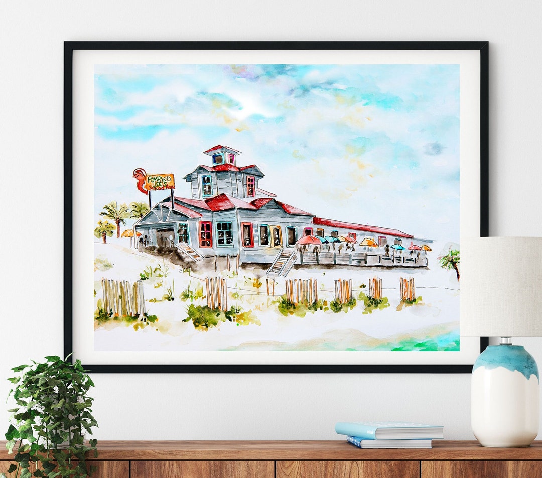 Pompano Joe's Restaurant Watercolor Art Print: Destin Florida Coastal ...