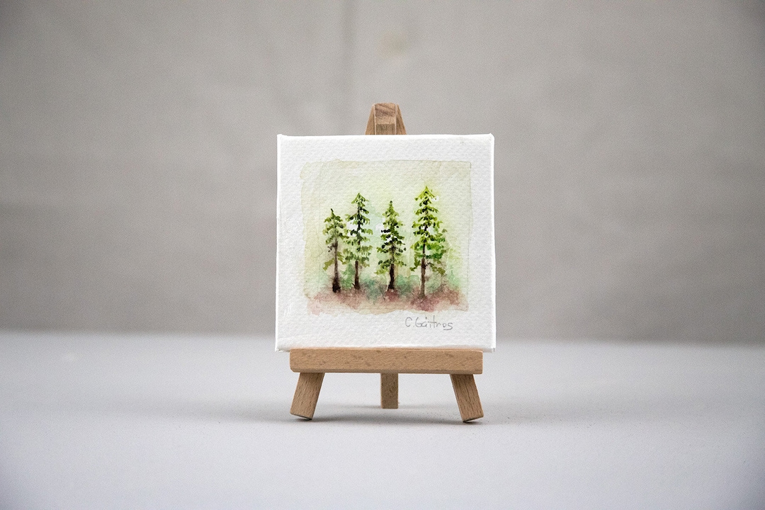 Miniature Pine Tree Watercolor Art Print With Easel. Boxed Gift Ready ...