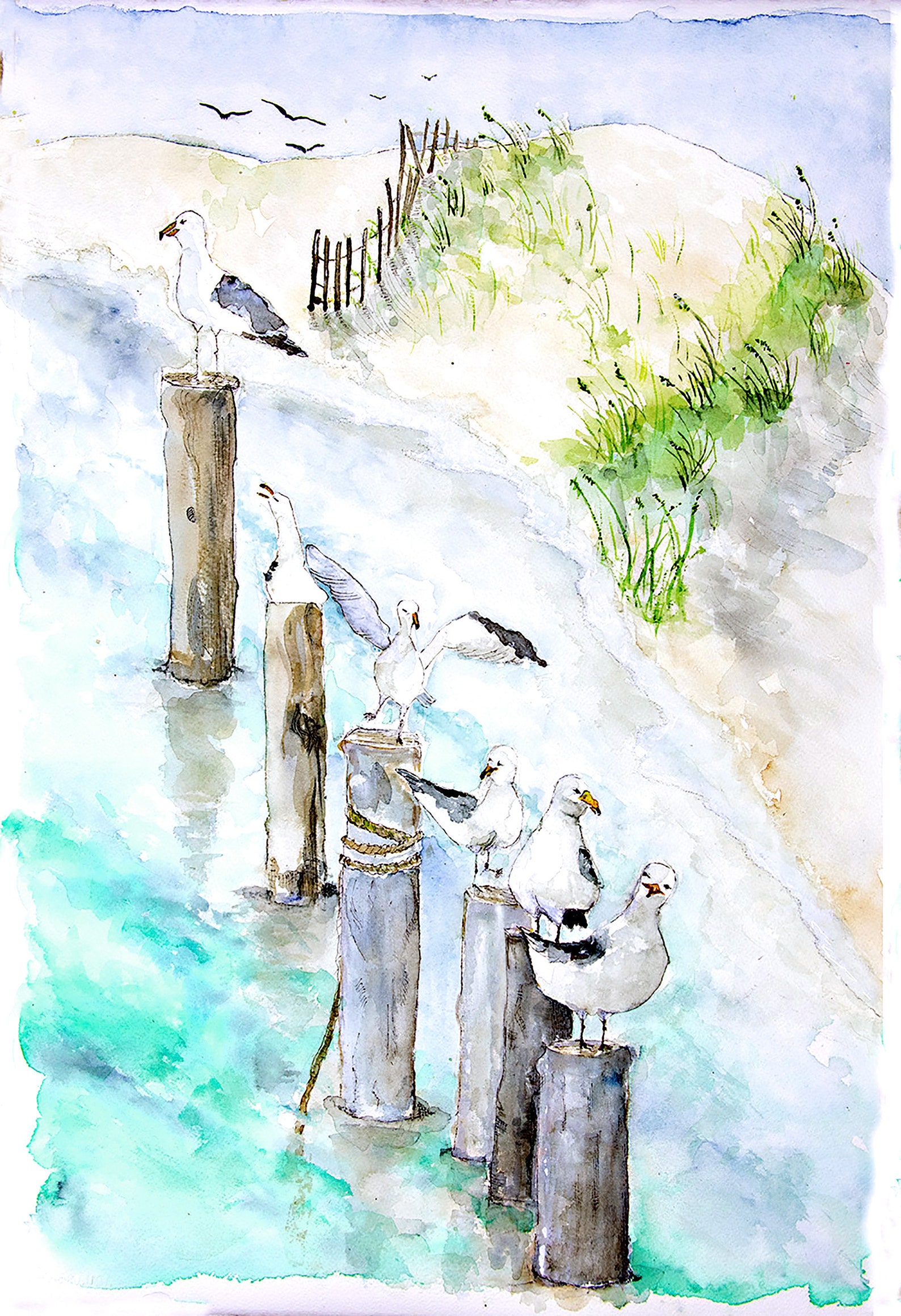 Seaside Seagulls Watercolor Art Print Seascape Beach Art | Etsy