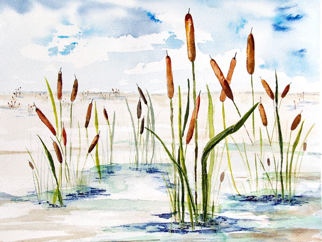 Cattail Watercolor Art Print, Lake Artwork, Swamp Landscape Wall Art ...