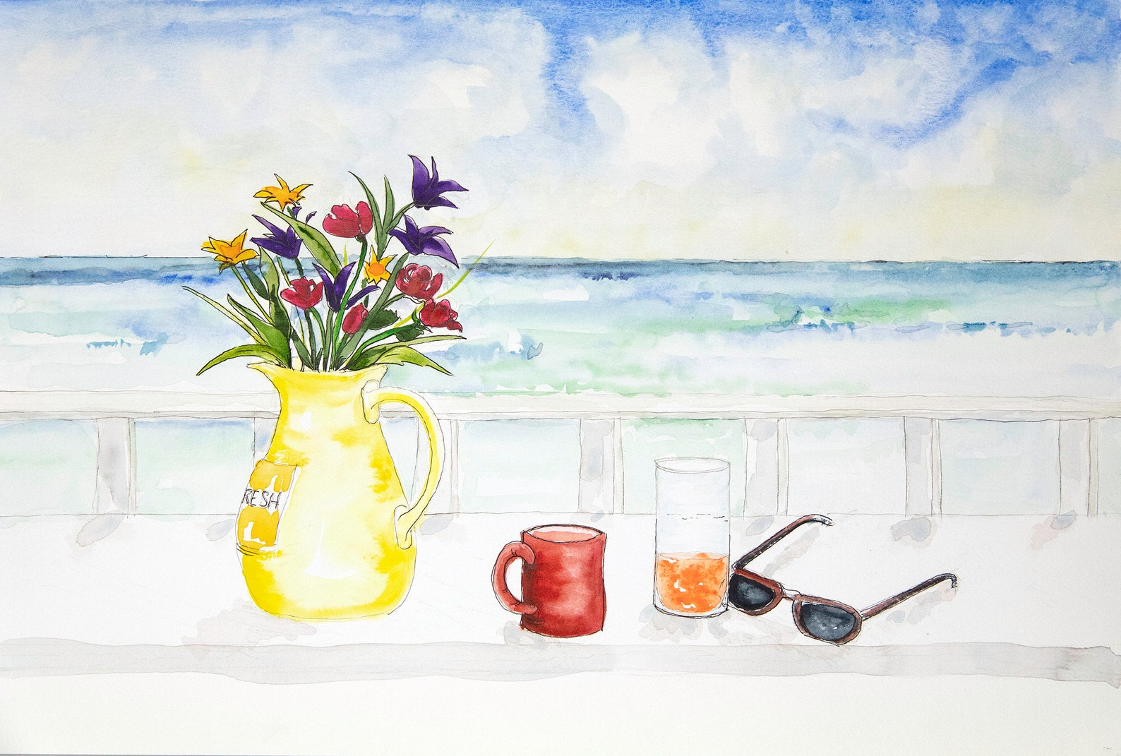 Original watercolor painting beach still life painting | Etsy