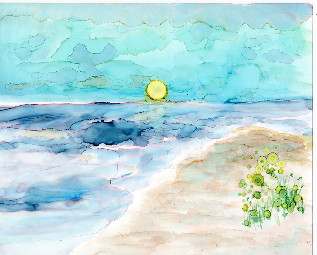 Beach Sunset Ink Painting: Coastal Landscape Art Print - Etsy