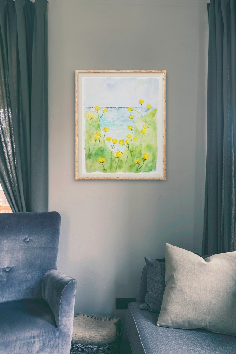 Watercolor beach print with yellow bachelor buttons flowers | Etsy