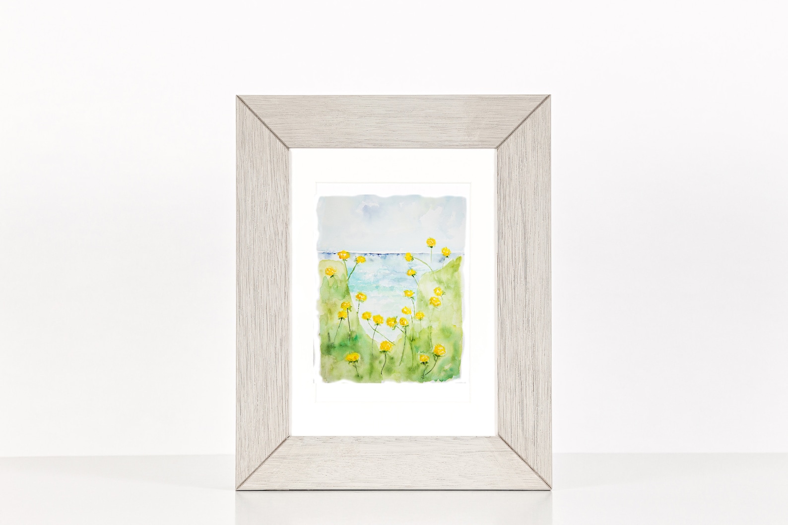 Watercolor Beach Print With Yellow Bachelor Buttons Flowers | Etsy