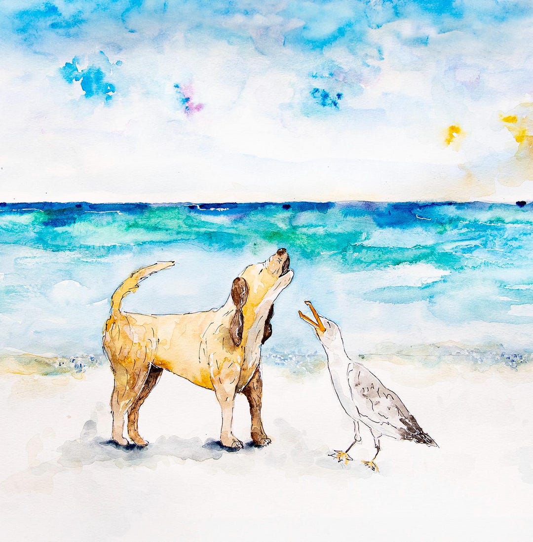 Dog and Seagull Watercolor Art Print: Coastal Beach Pals - Etsy