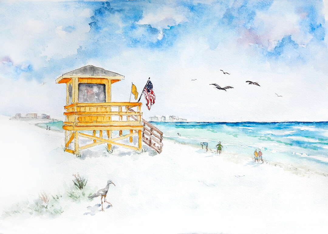 Siesta Key Beach Watercolor Print: Florida Lifeguard Stand Art - Etsy