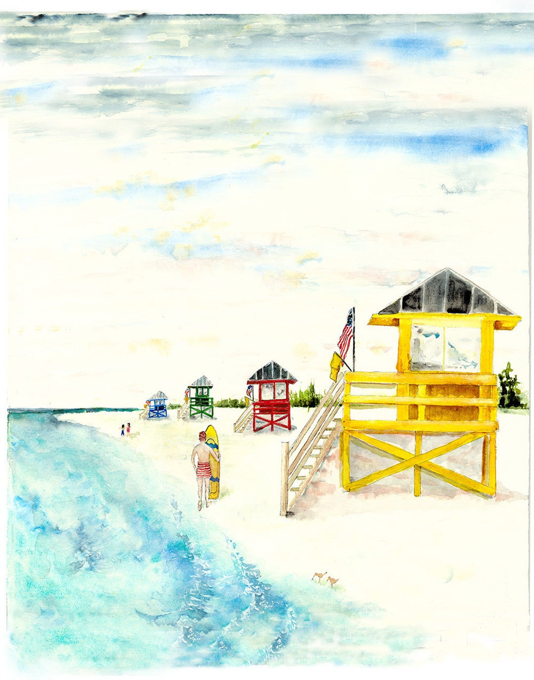 Siesta Key Beach Watercolor Print: Lifeguard Stands - Etsy