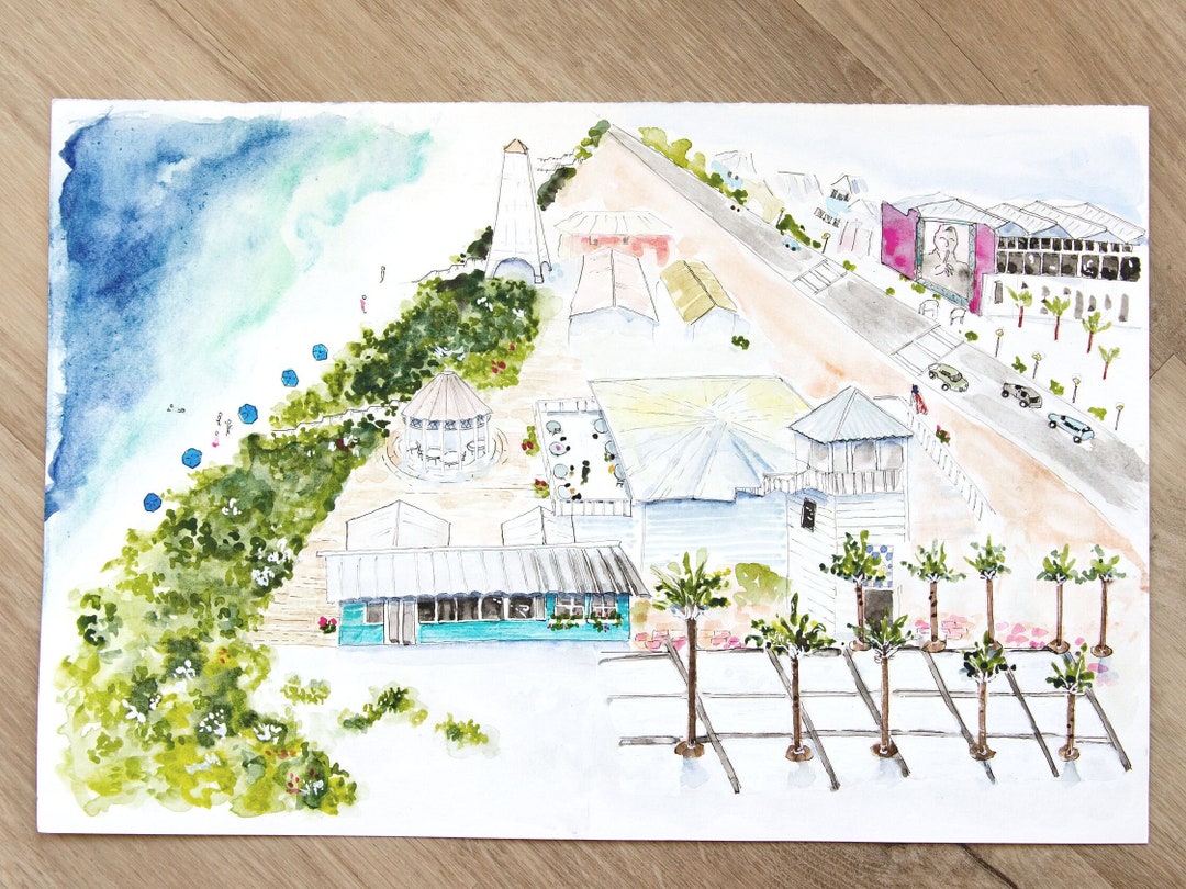 Seaside 30A Aerial Landscape Watercolor Print, Bud and Alley's ...