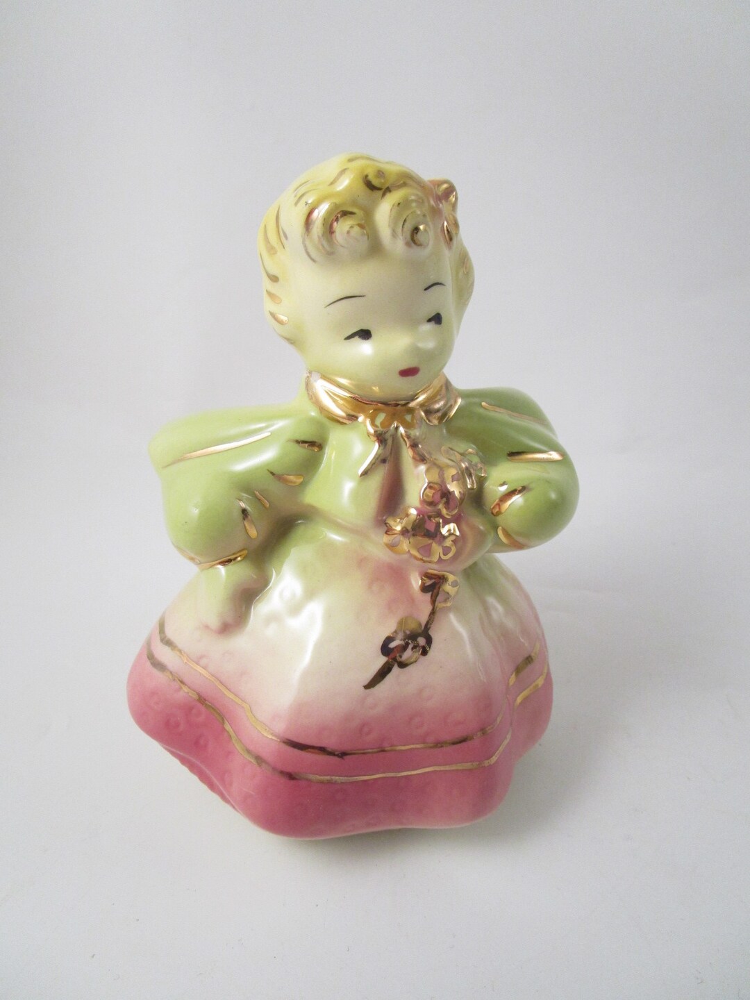Sweet Vintage Girl With Flowers & Cape Pottery Planter Gold Accents ...
