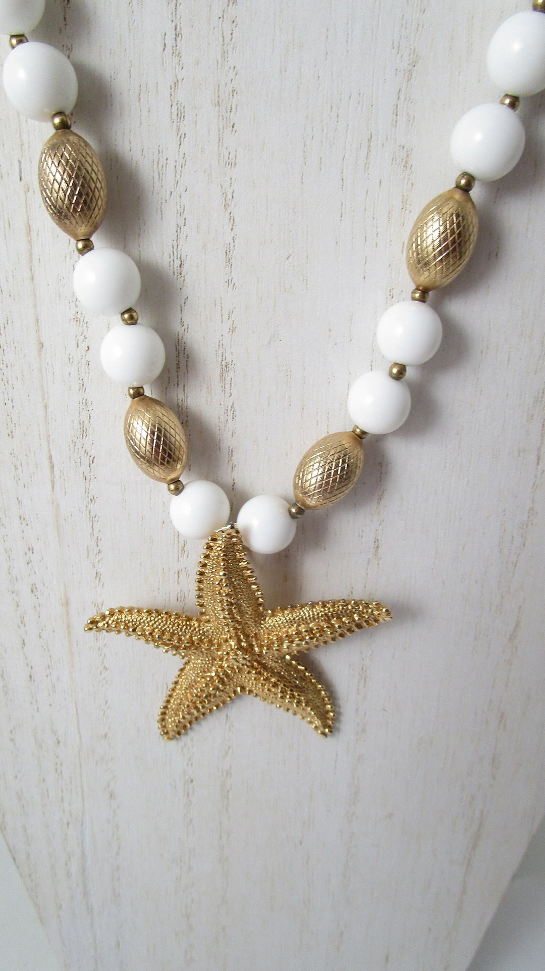 Gold Metal Starfish Nautical Statement Necklace White Gold Beads ...